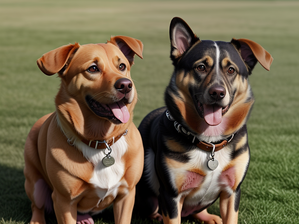 Two Happy Dogs Sitting Together on a Sunny Green Lawn