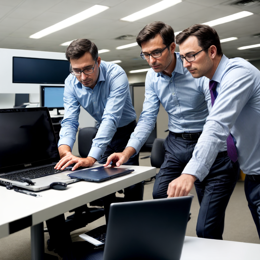 3 executives working on laptop on office desk