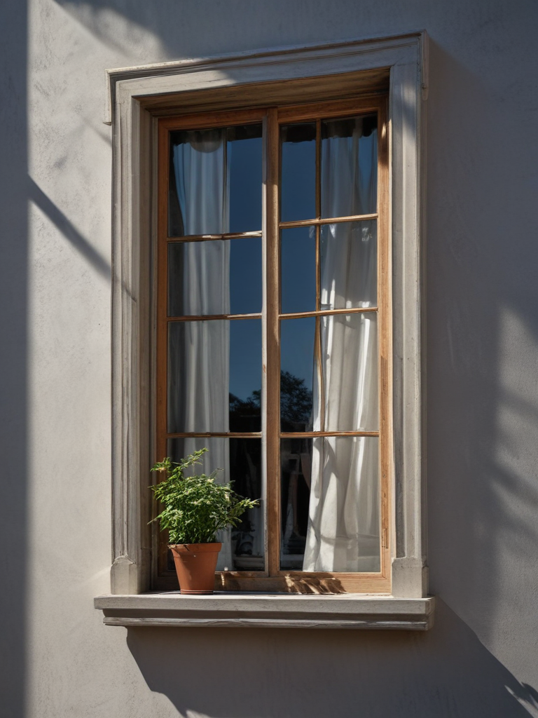 Charming Window with a Potted Plant and Flowing Curtains in Sunlight