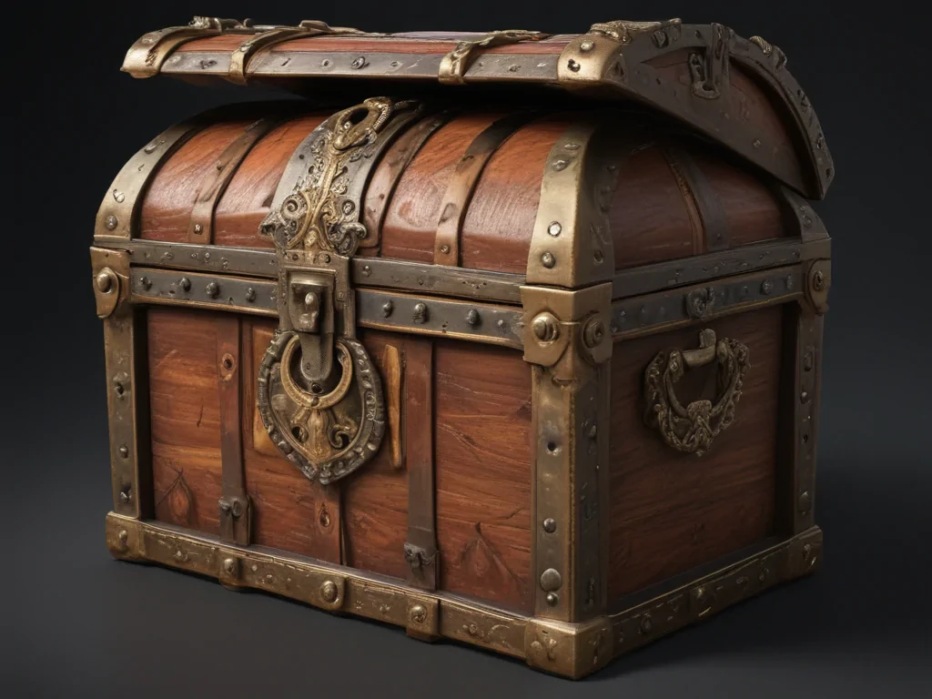 Intricately Designed Treasure Chest with Ornate Metal Accents and Rich Wood
