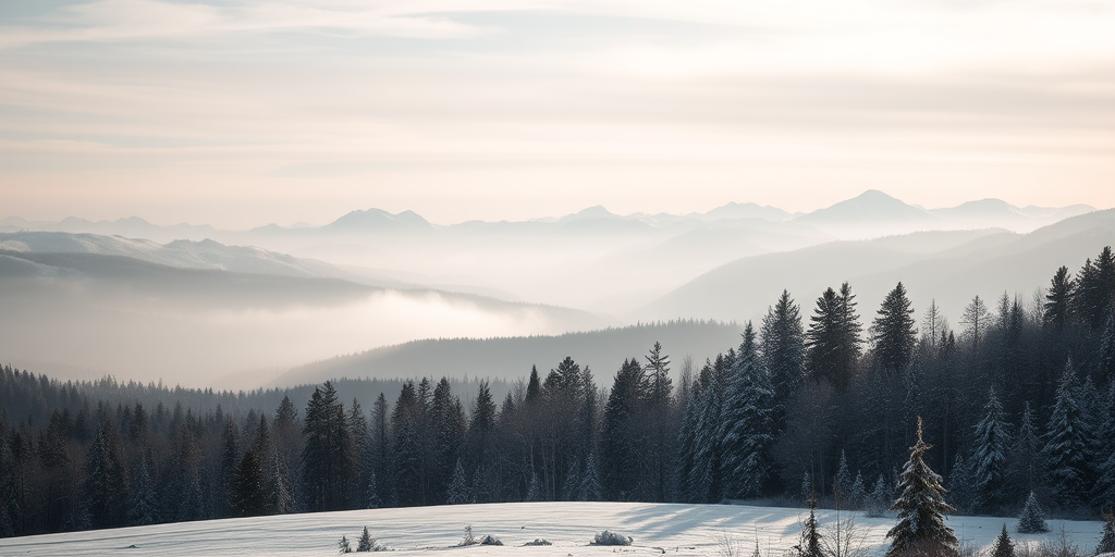 Serene Winter Landscape: Snow-Covered Mountains and Majestic Pine Forests