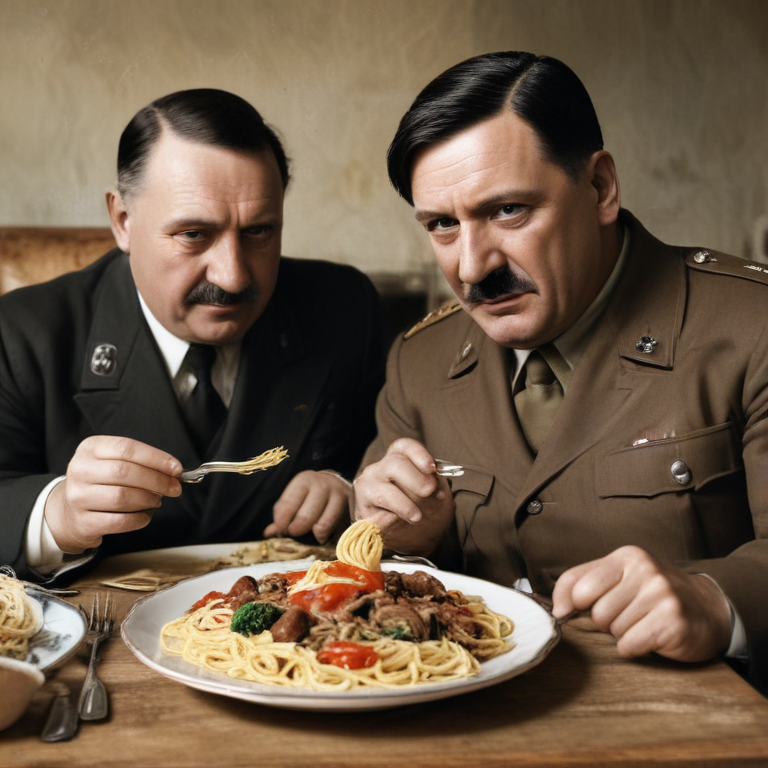 realistic adolf hitler eating spaghetti together with benito mussolini