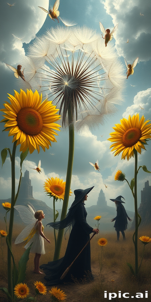 Enchanting Scene of Fairies and Witches Beneath Giant Sunflowers and ...