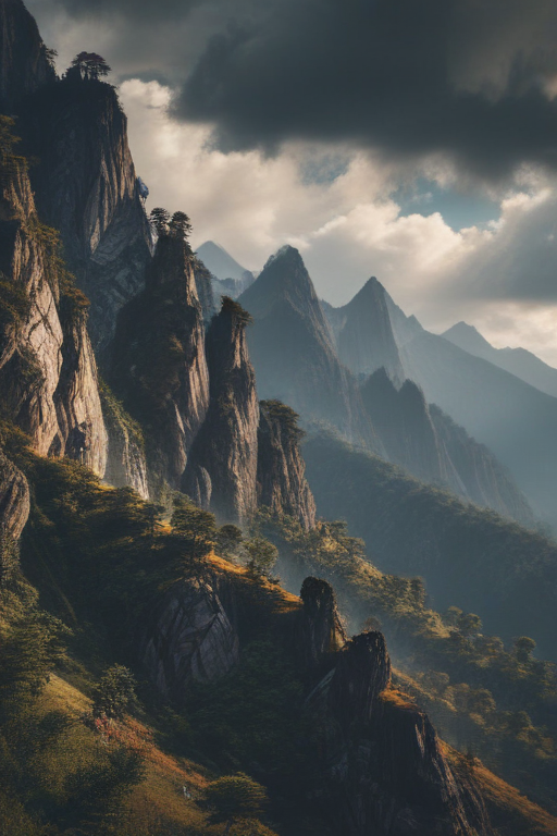 Majestic Mountain Landscape with Dramatic Clouds and Lush Greenery Below.