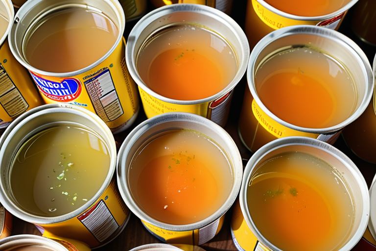 Colorful Cans of Broth with Vibrant Liquid and Floating Ingredients Inside