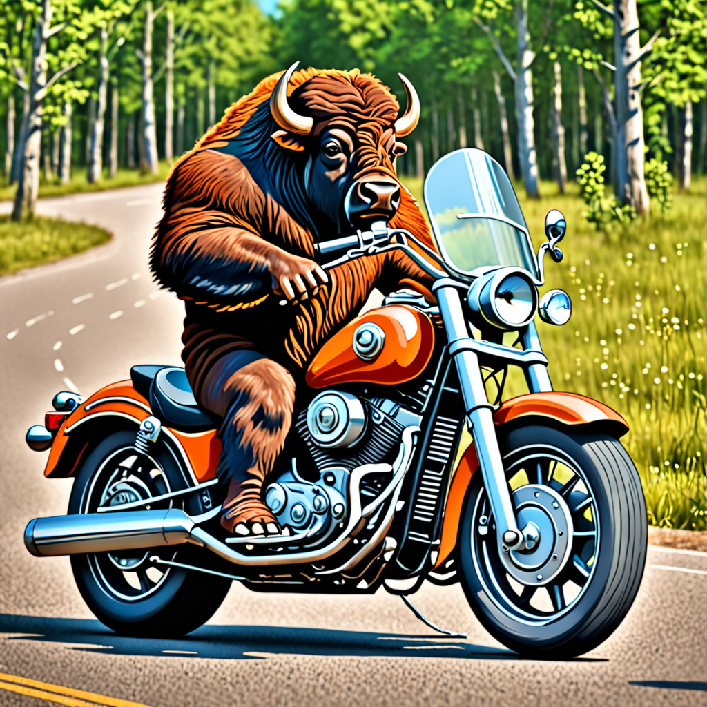cartoon bison riding a motorcycle back view