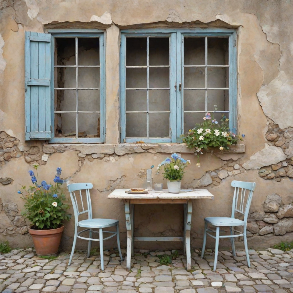 Charming Outdoor Café Scene with Blue Chairs and Flowering Window Boxes