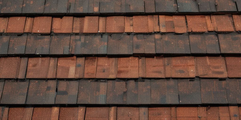 Close-Up View of Weathered Roof Shingles in Varying Shades of Brown