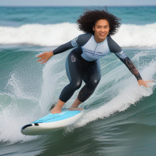 female with dark curly hair surfing