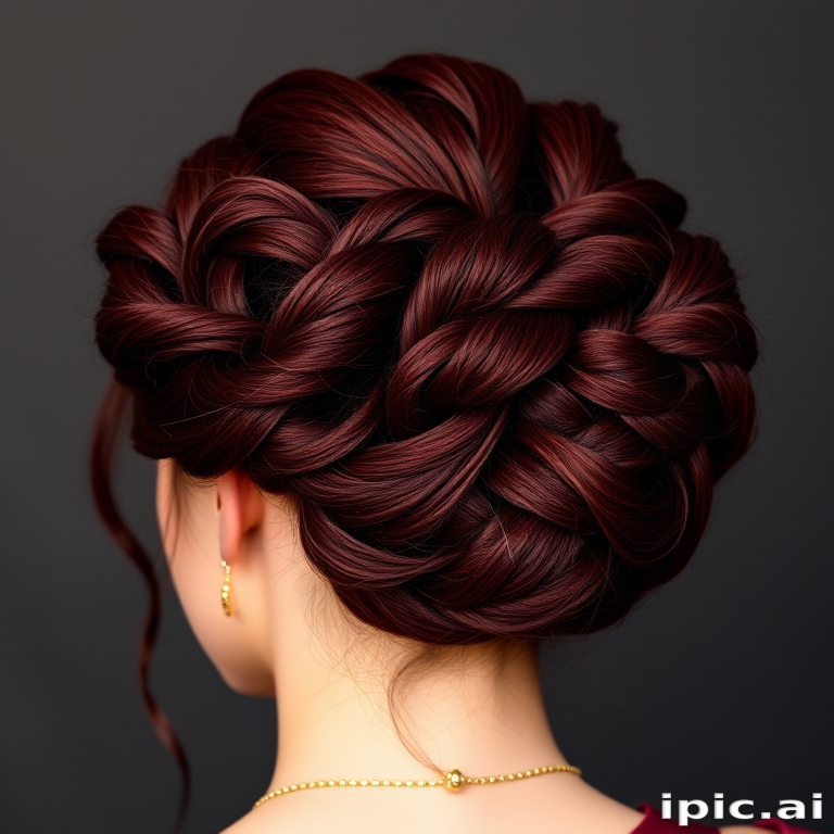 Elegant Updo with Intricate Braiding and Rich Burgundy Hair Color
