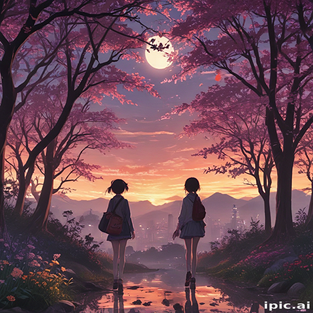 Two Friends Strolling Through a Dreamy Cherry Blossom Landscape at Dusk