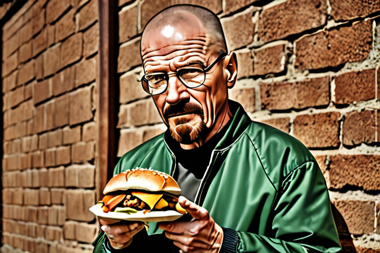 a portrait of Walter White eating kebab
