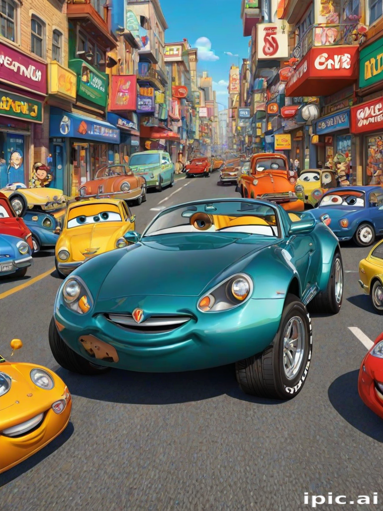 Colorful Cartoon Cars Gather in a Bustling City Street Scene