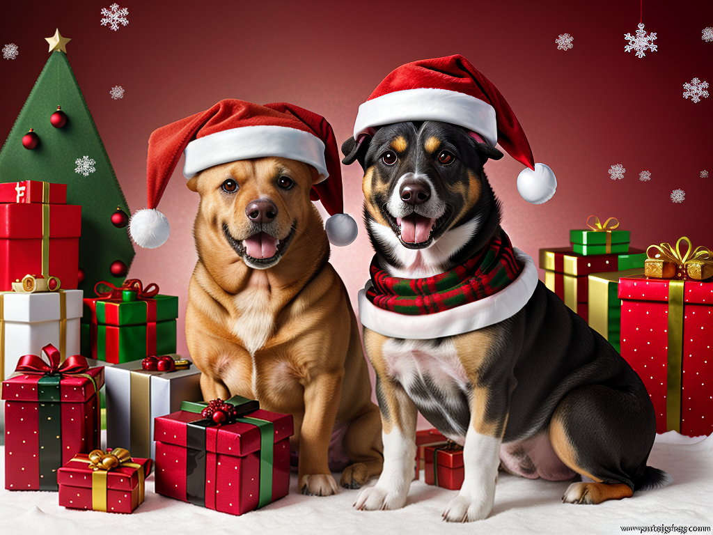 Two Adorable Dogs in Santa Hats Surrounded by Colorful Christmas Gifts