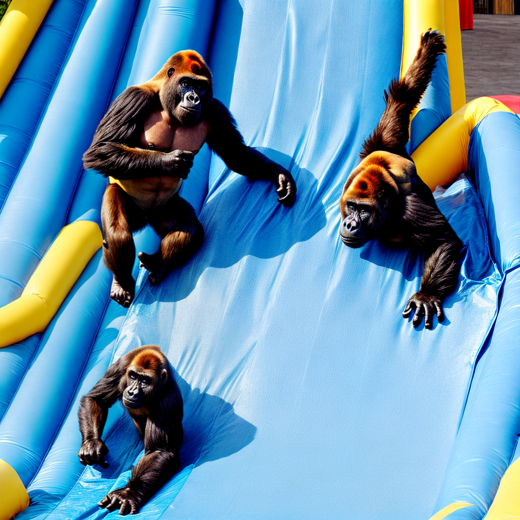 Gorilla going down an inflatable slide
