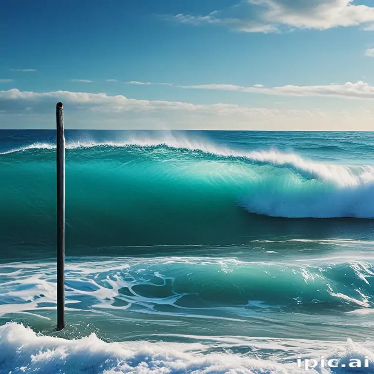 Majestic Ocean Wave Crashing Against a Lone Pole in Serene Waters