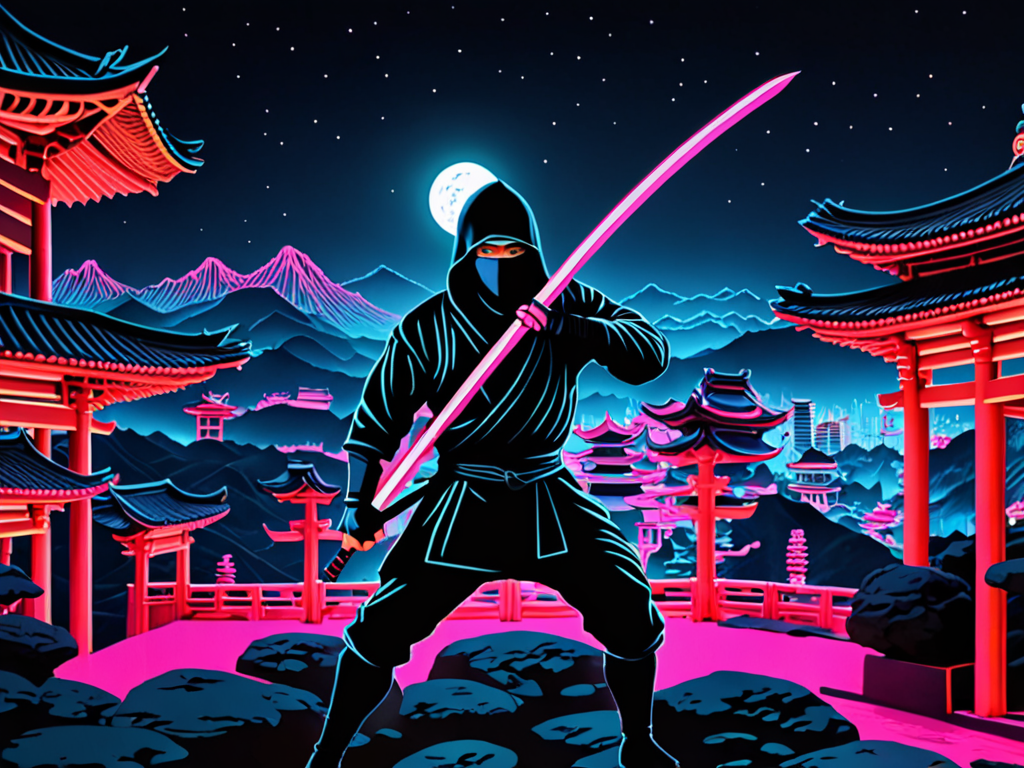 surreal neon asian ninja landscape art