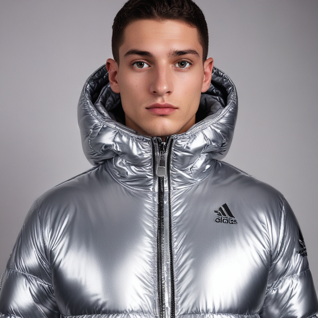 male supermodel adidas shiny super puffer jacket bling jewellery hood