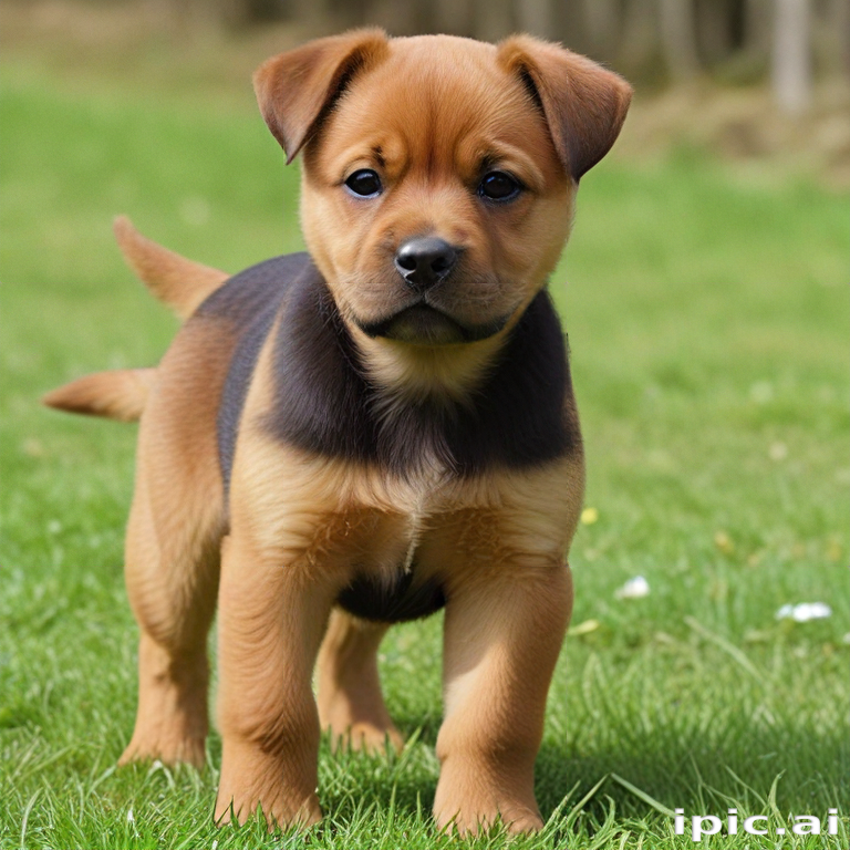 Adorable Puppy with Soft Fur Standing Playfully on Green Grass Outdoors.
