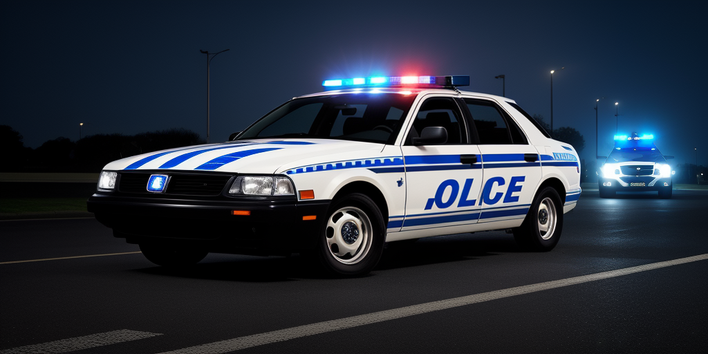 Sleek Black and White Police Car with Flashing Lights at Sunset.