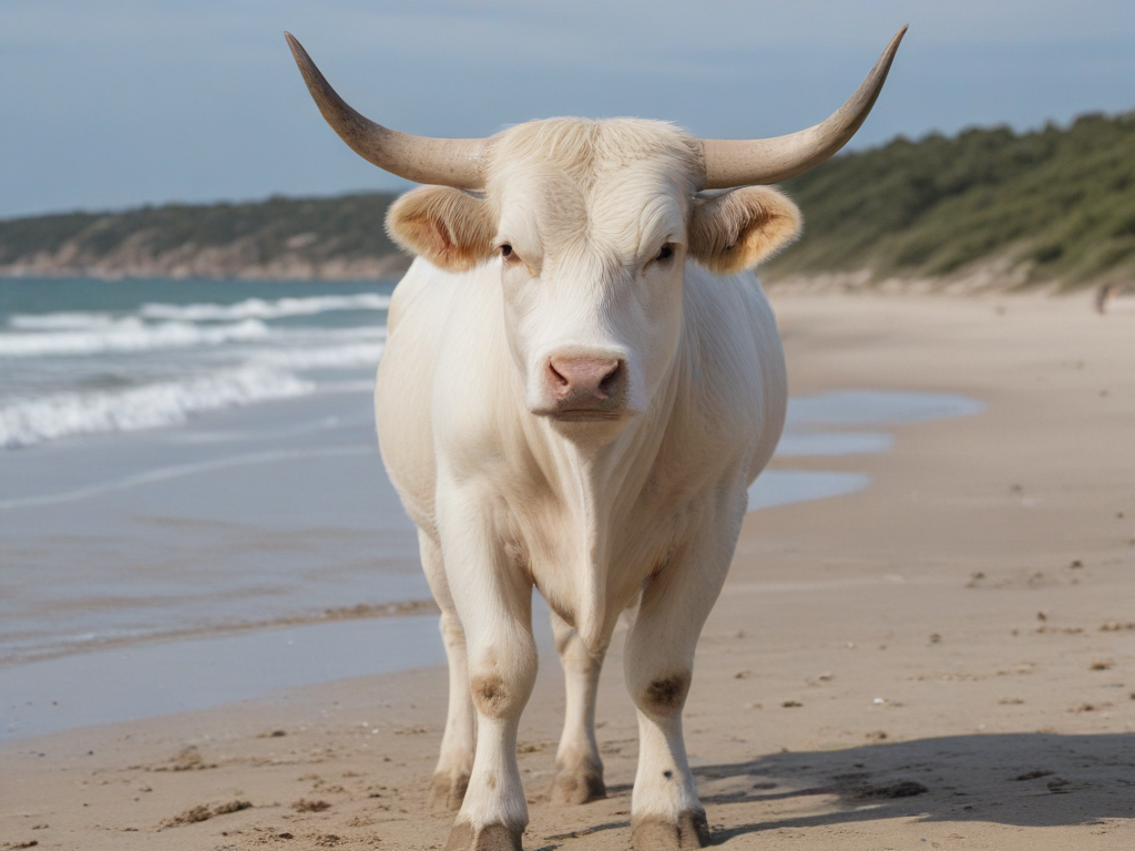 A Male White bull, Standing on the beach