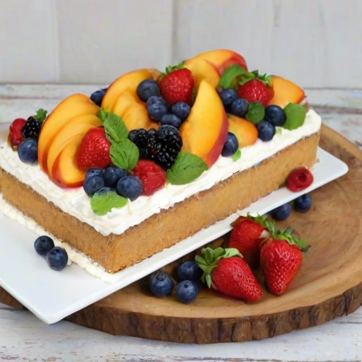 Delicious Fruit-Topped Vanilla Cake with Fresh Berries and Mint Garnish.