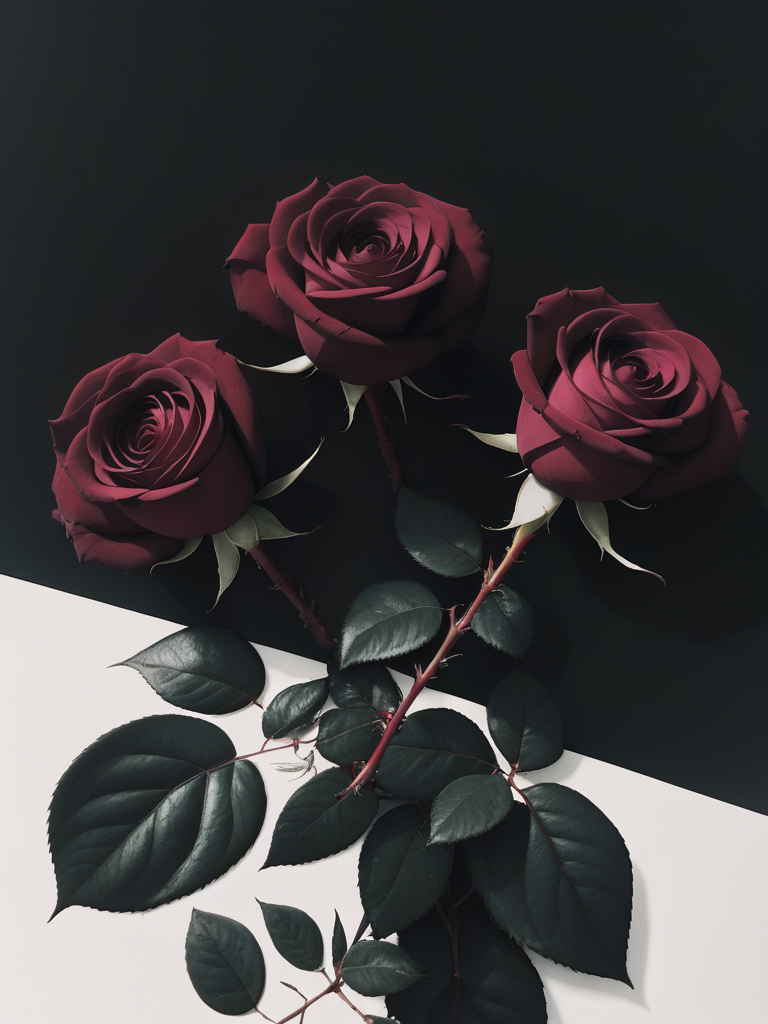 Three Elegant Deep Red Roses Against a Striking Black and White Background