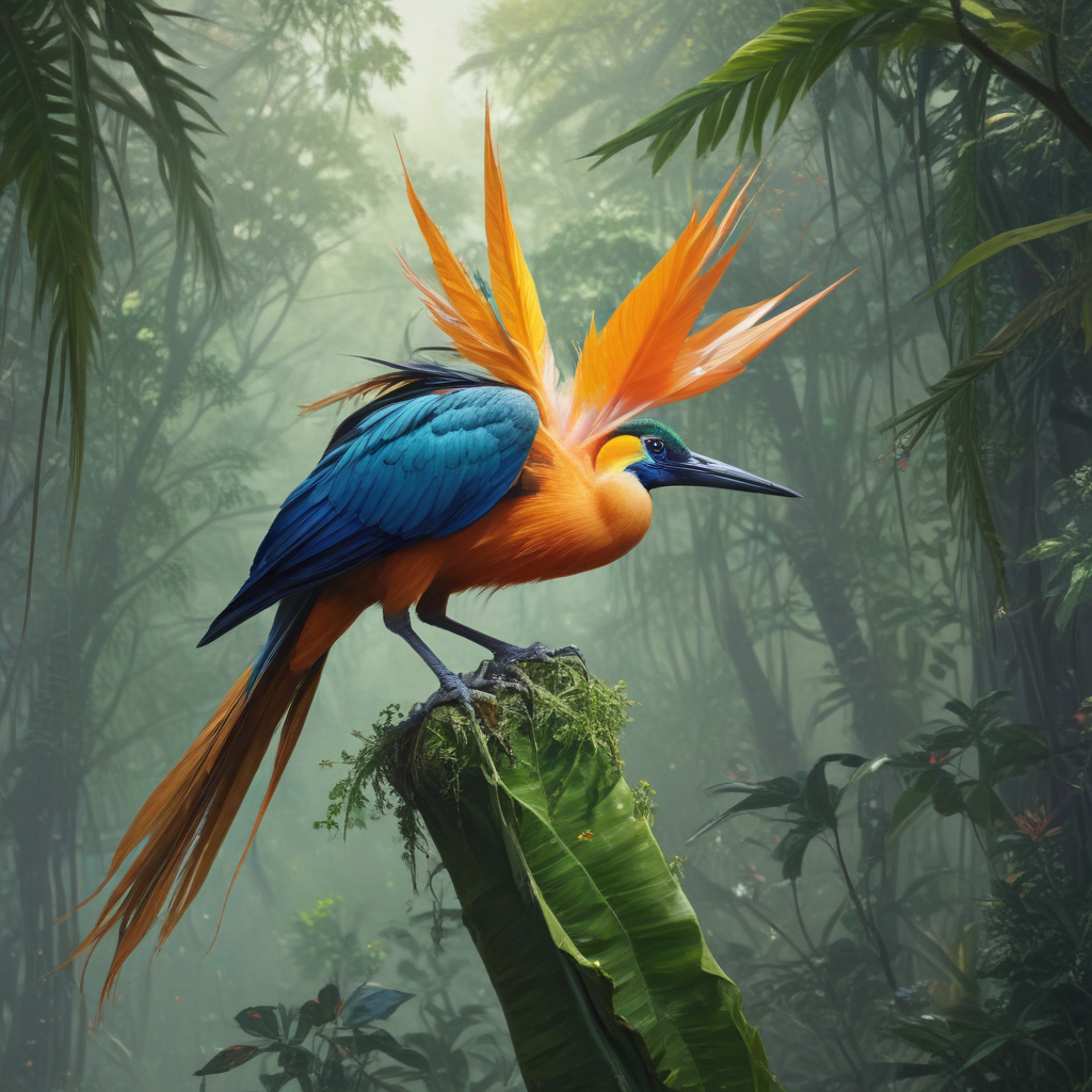 Realistic sci-fi painting of birds of paradise