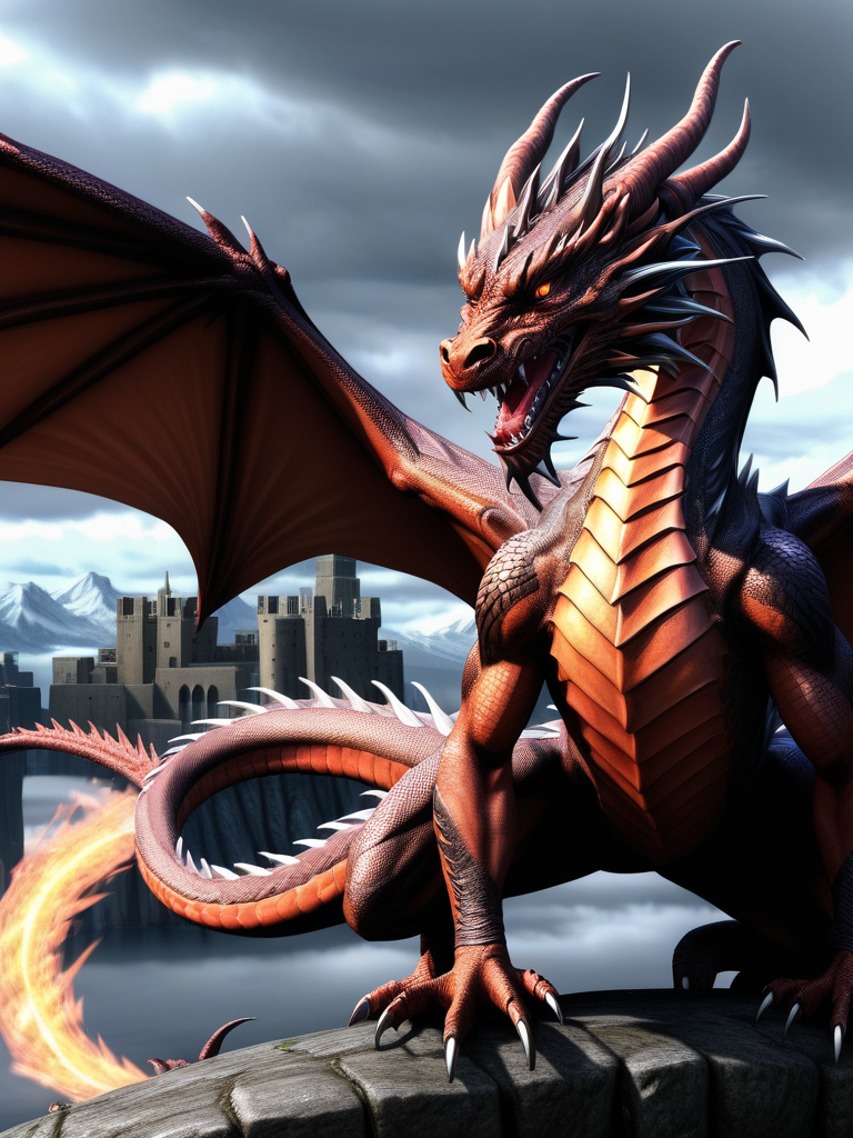 A Majestic Red Dragon Roaring Fiercely Overlooking a Distant Castle.
