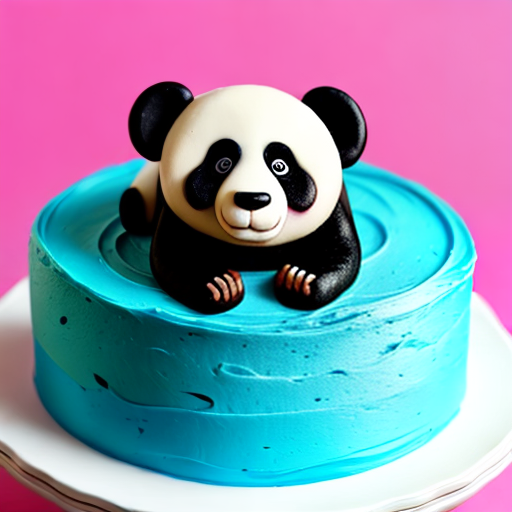 Cartoon panda laying on top of a tall cake covered in frosting and ...