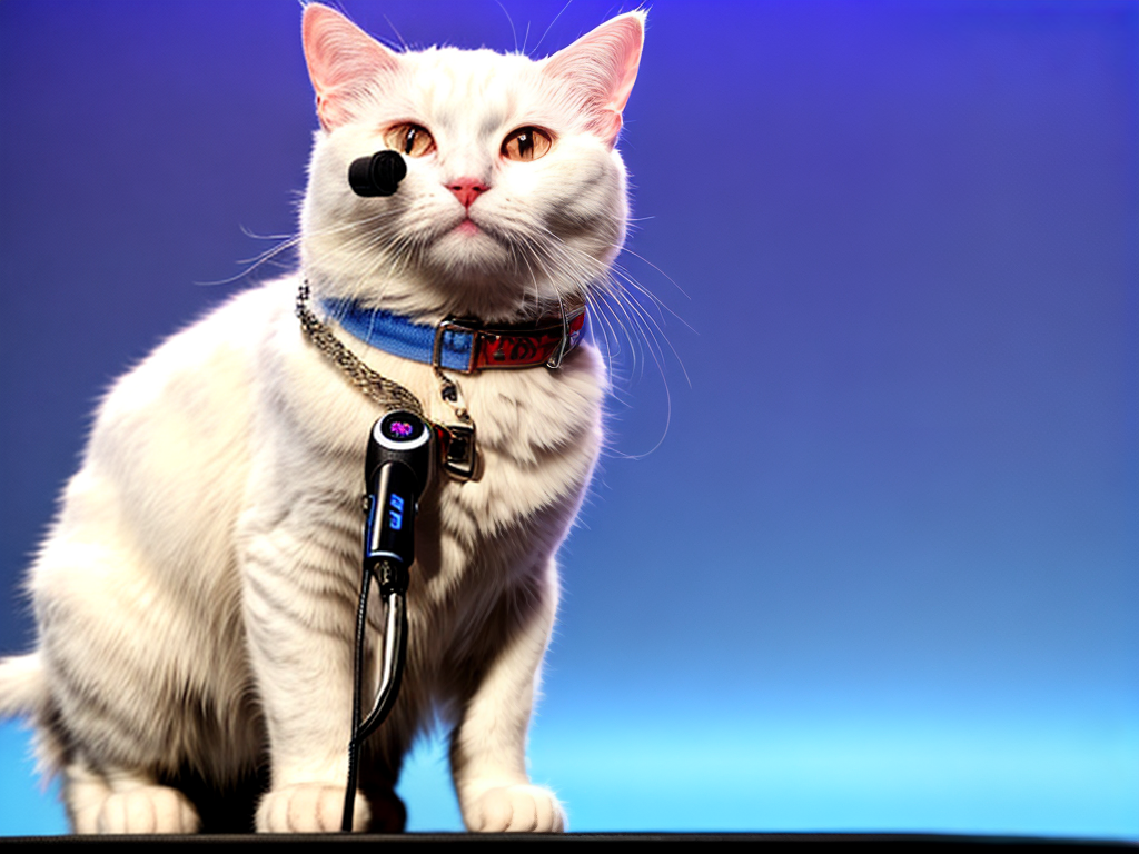 white cat in a shiny jacket singing into a microphone on a stage