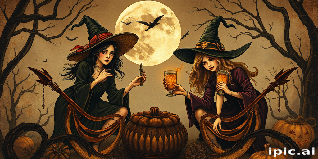 Witches Brewing Potions Under a Full Moon on Halloween Night