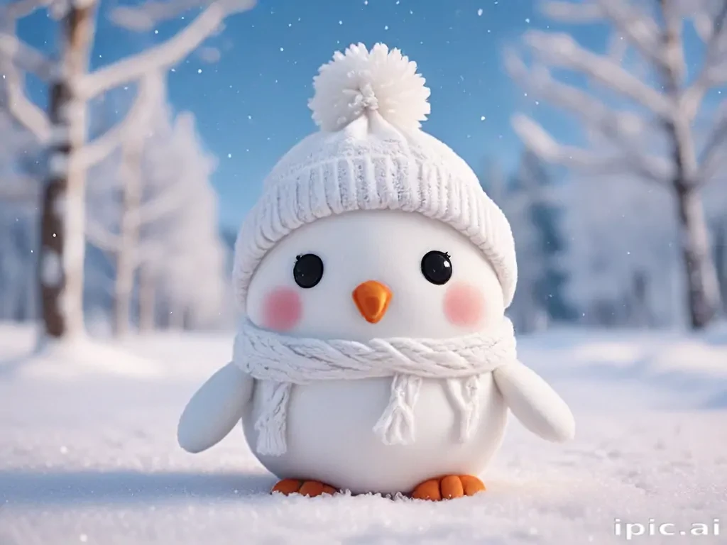 A Cute Snowy Penguin Wearing a Cozy Hat and Scarf in Winter Wonderland.