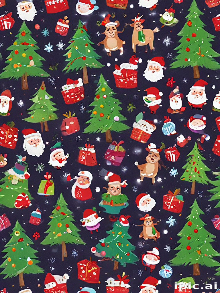 A Festive and Colorful Christmas Scene with Santa, Trees, and Gifts.