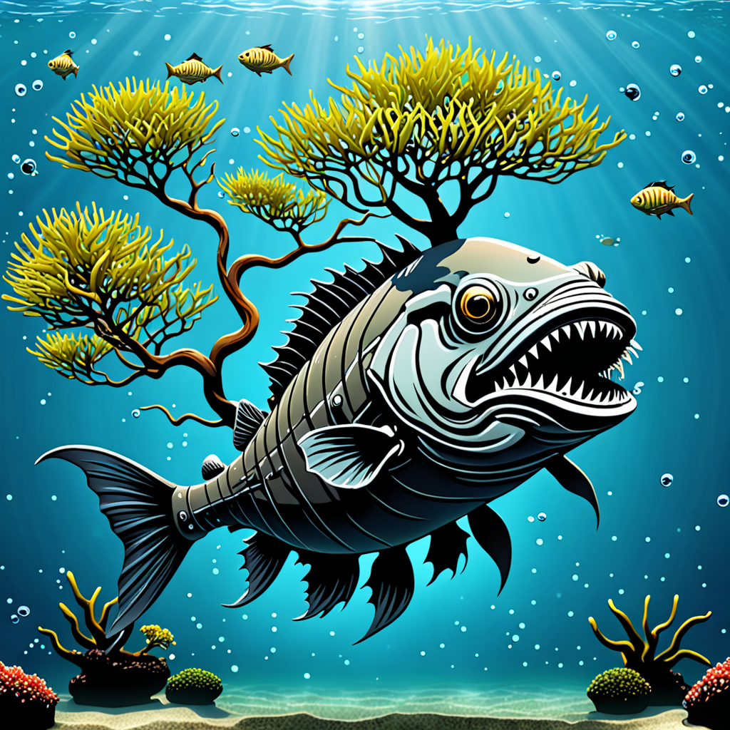 Cartoon angler fish eating a bonsai tree in the depths of the sea