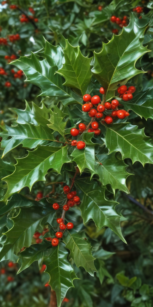 Vibrant Green Holly Leaves Adorned with Bright Red Berries in Nature.