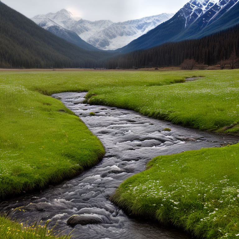 A water stream flowing in a meadows with snowcapped mountains in front ...