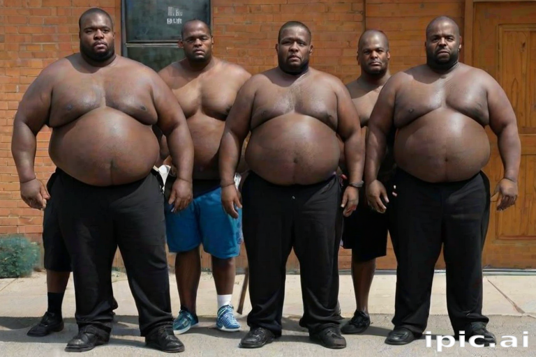 Group of Five Men Posing Together with Similar Body Types Outdoors