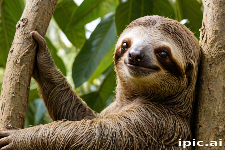 A Playful Sloth Grinning While Relaxing on a Tree Branch.