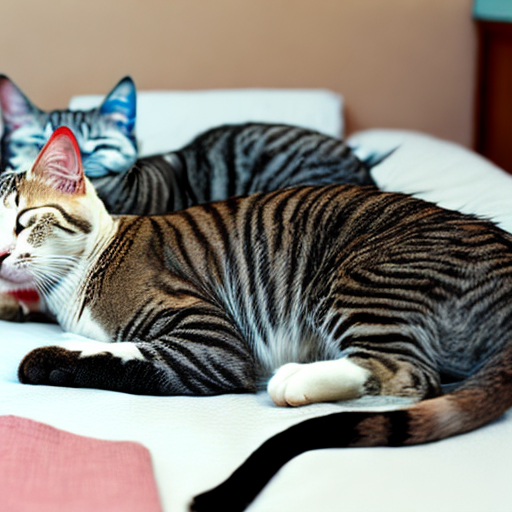 two cats sleeping on bed, one brown, one grey and white, like the ...