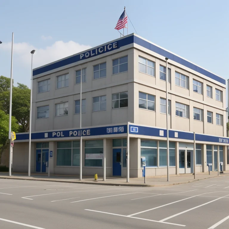 Modern Police Station Building with American Flag and Clear Blue Sky