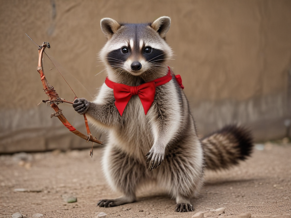 A Male raccoon with a bow in His paws. Ready to shoot on a enemy