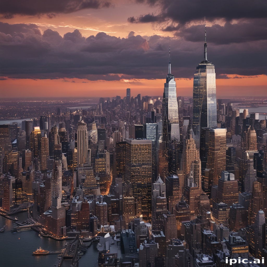Stunning Aerial View of a Dazzling City Skyline at Sunset.