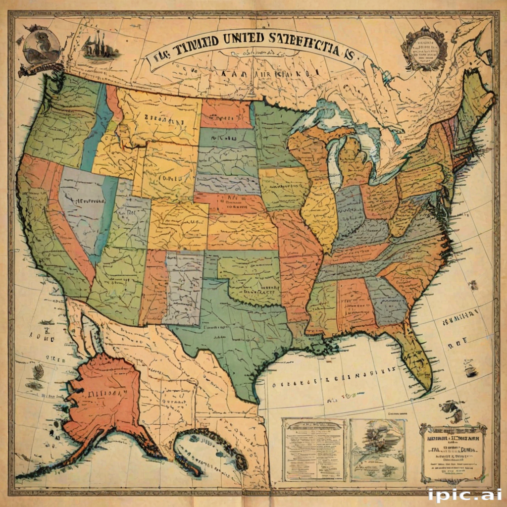 Detailed Historical Map of the United States with Colorful State Divisions