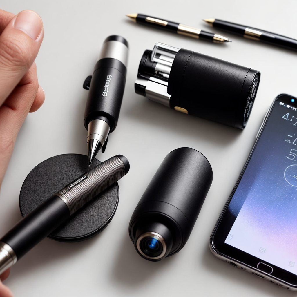 Generate me a design of an intelligent pen in black. This pen has a ...