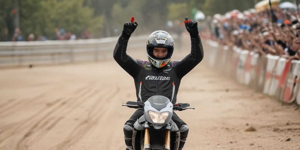 High resolution at a motorcycle race with one rider crossing the finish ...