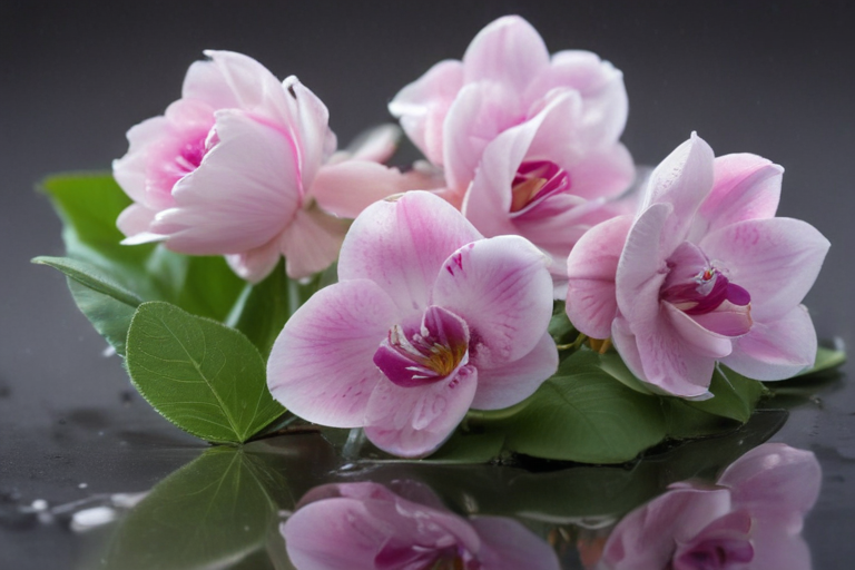Delicate Pink Orchids Surrounded by Lush Green Leaves and Water Drops