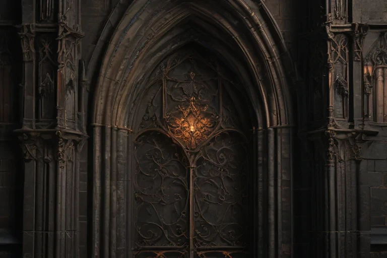 Intricate Gothic Doorway Highlighted by a Mysterious Glowing Light