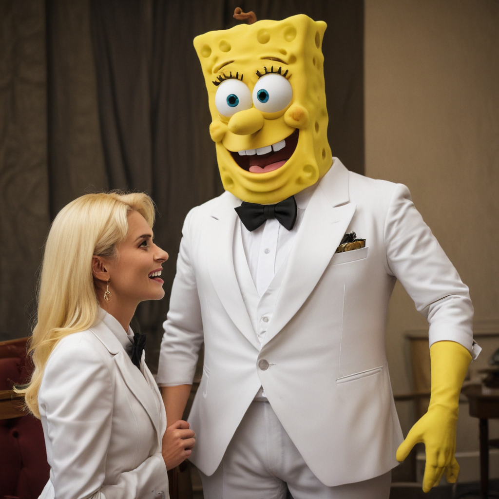SpongeBob meeting a woman in the white tuxedo.