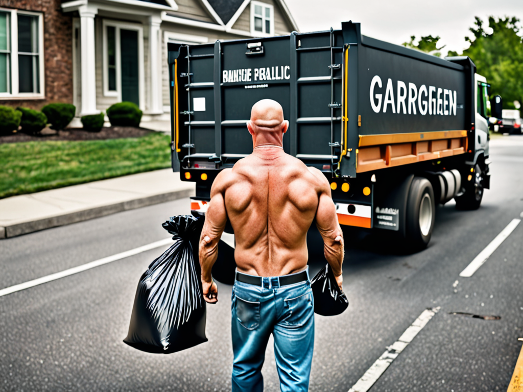 realistic handsome bald older muscular garbagemen from behind carrying ...